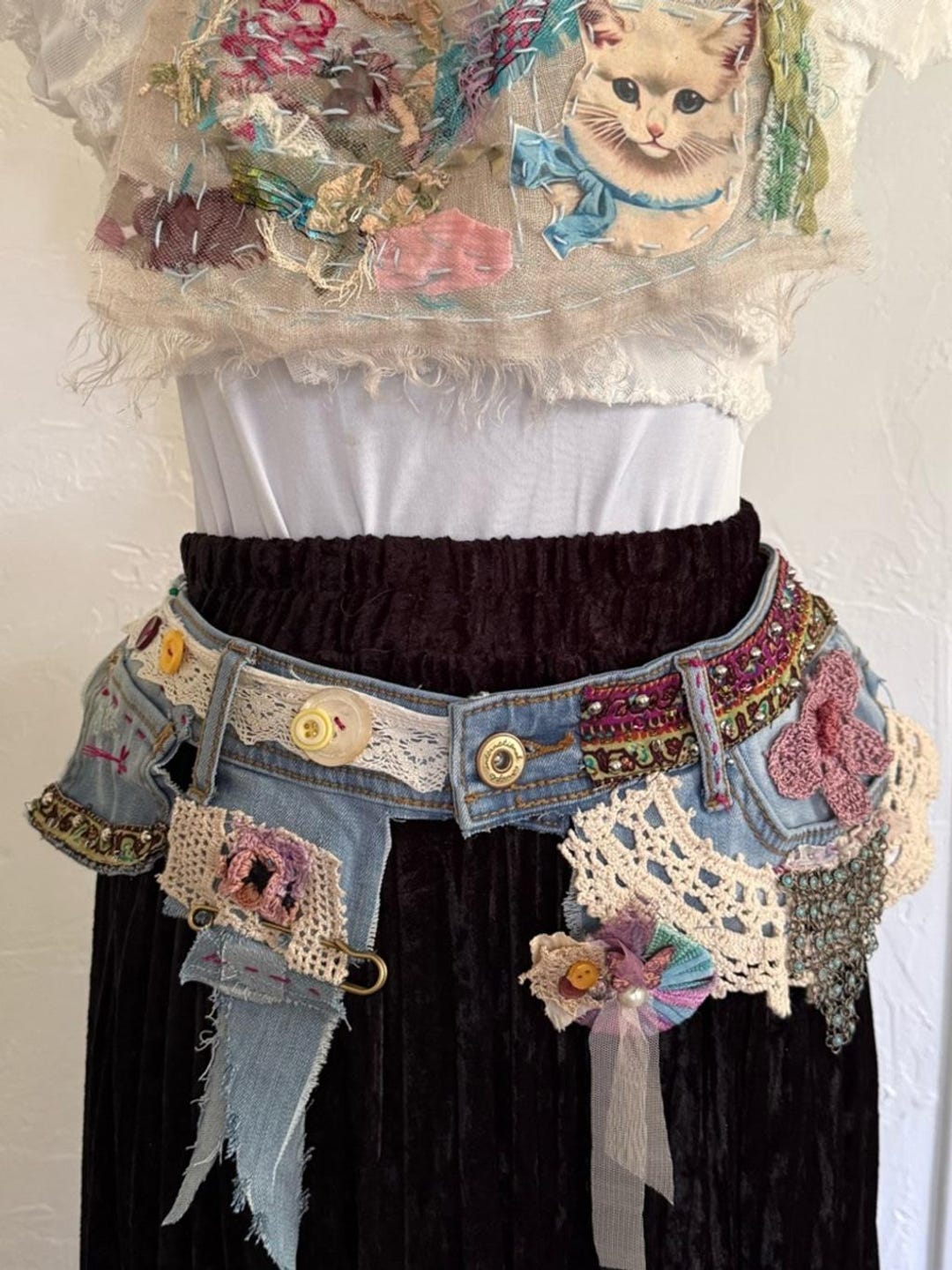Belt Upcycled Denim Lace Boho Belt 32 Inch - Etsy