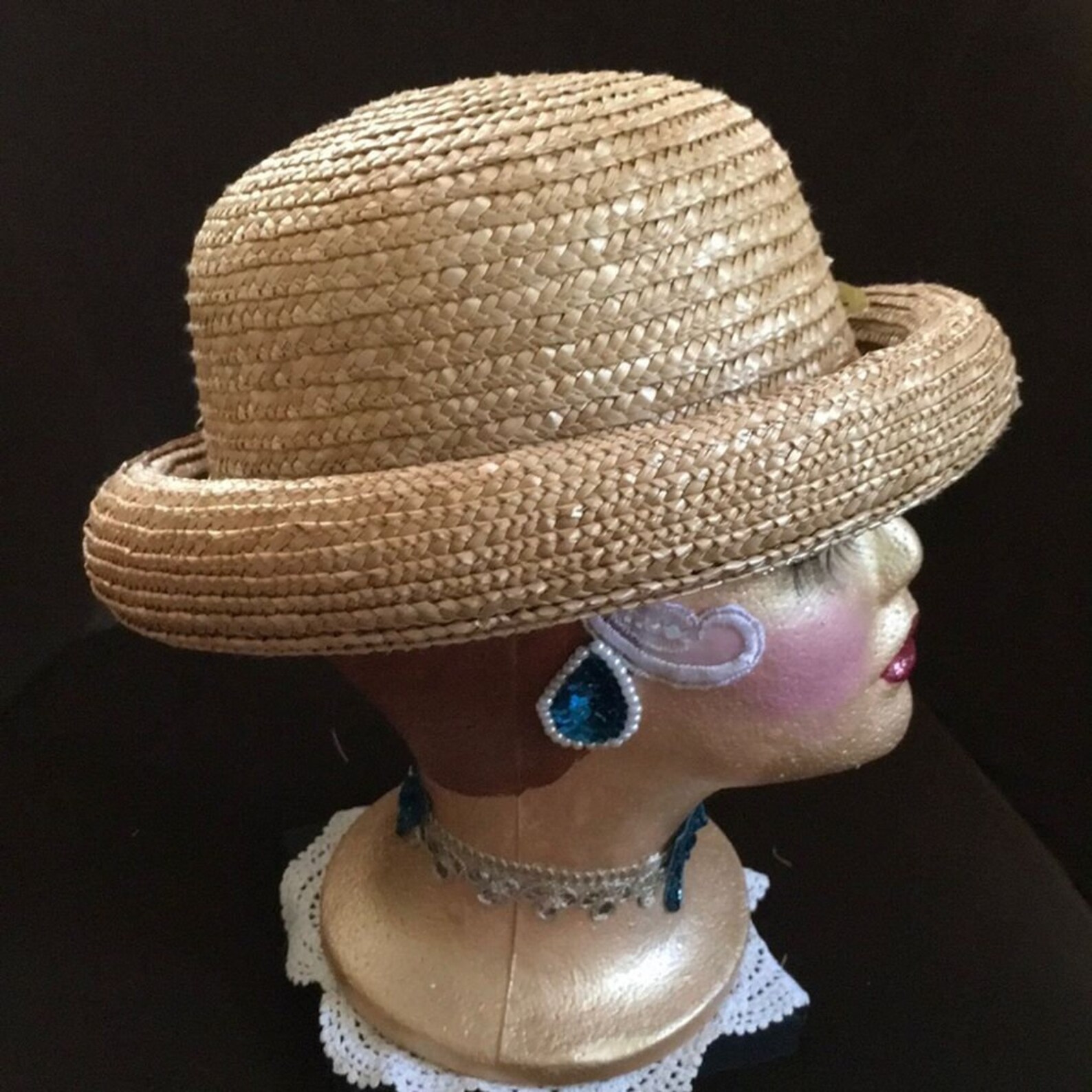 Vintage Fedora Straw Hat With Turned up Rolled Brim. 23 Around Inside ...