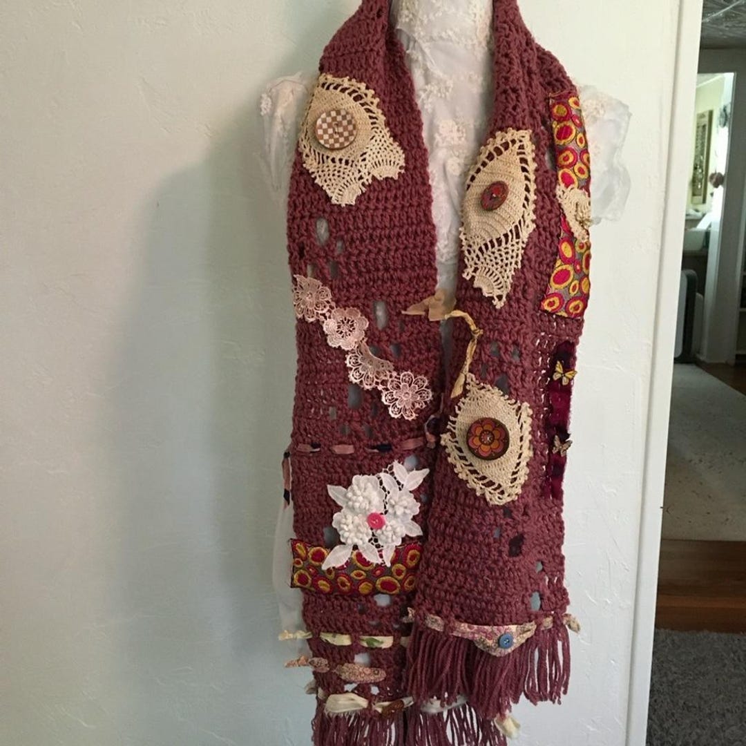Scarf Boho Crochet Lace Appliqué Scarf Shawl Handmade Artesian Style - Etsy
