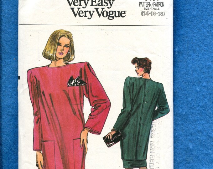 1980's Vogue 9401 Strong Shoulder Dress With Back Buttons Size 14..16 ...