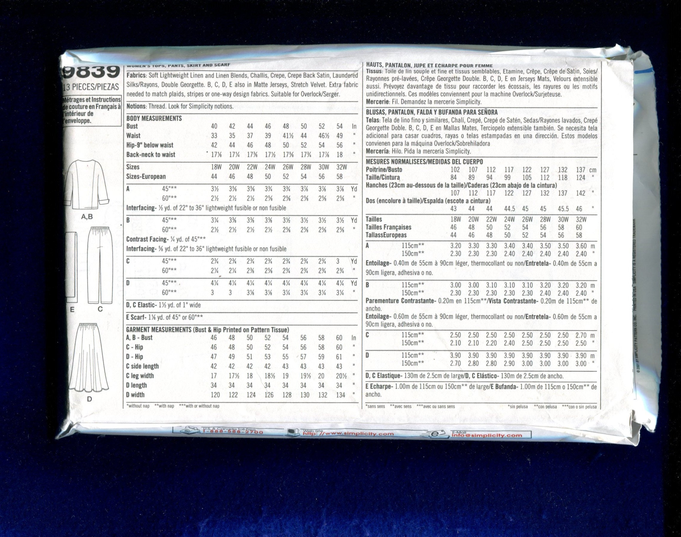 Simplicity 9839 Easy Fitting Tops Skirt & Pants Pattern Size 26W to 32W ...