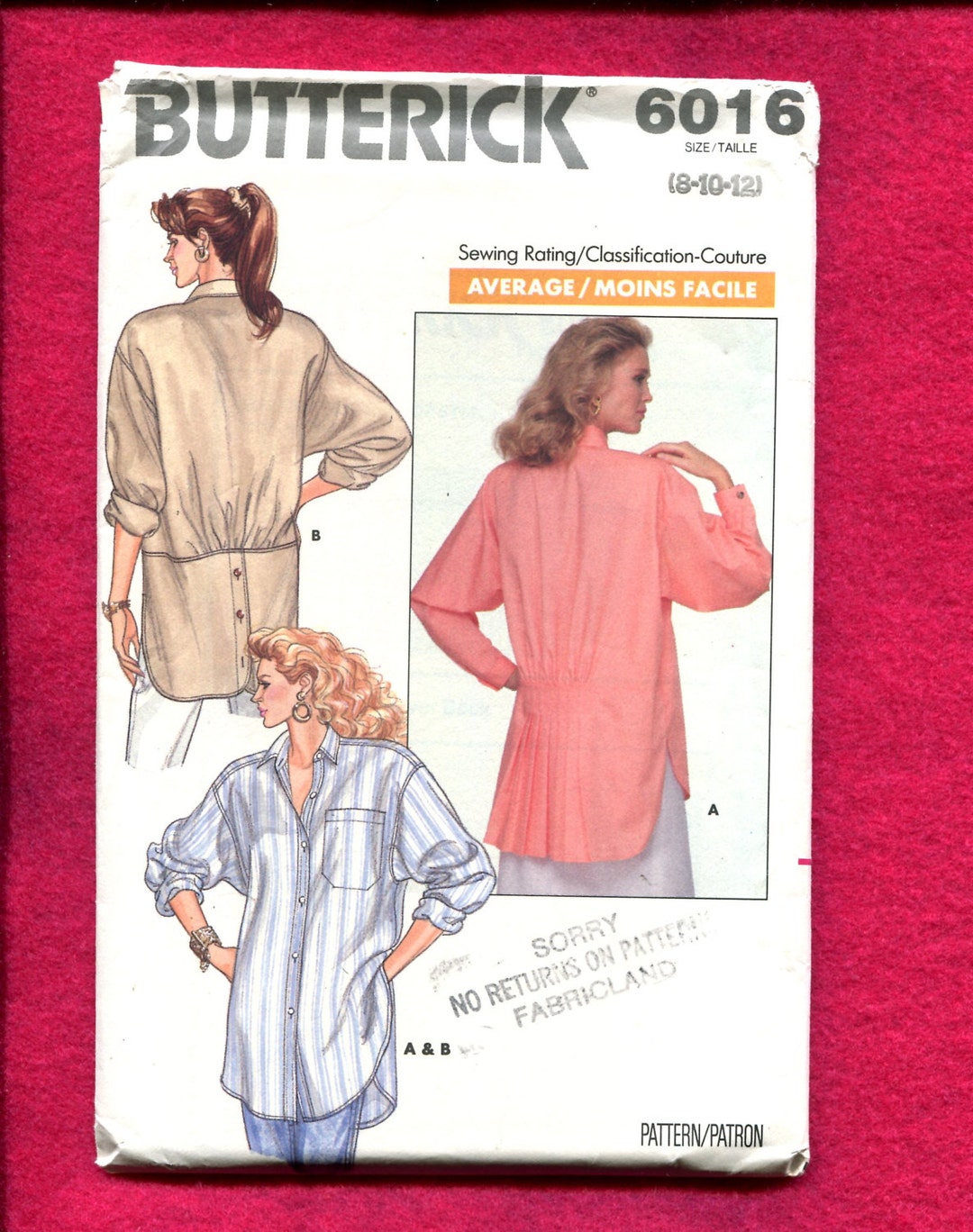 1980's Butterick 6016 Retro Big Shirt Pattern 80's Classic Sizes 8 10 ...