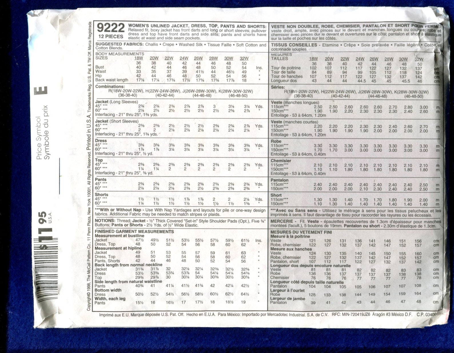 Mccalls 9222 Easy Fitting Lady's Wardrobe Pattern Size 22W..24W..26W ...