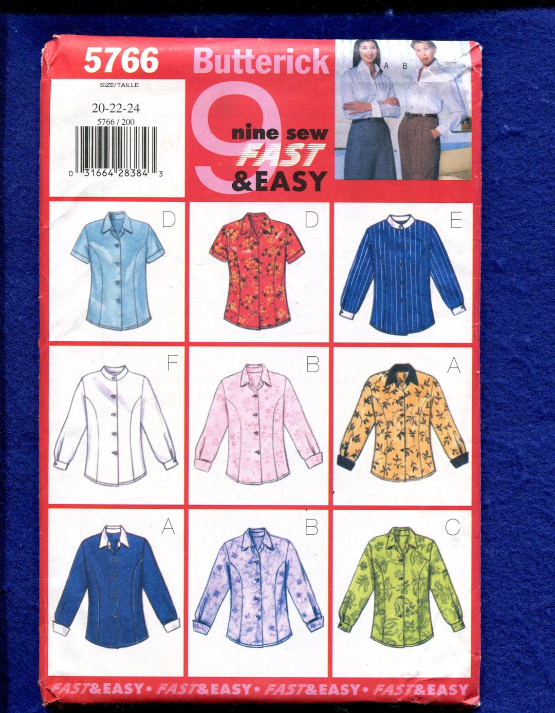 Butterick 5766 Semi Fitted Princess Seam Blouses Pattern Size 20..22 ...