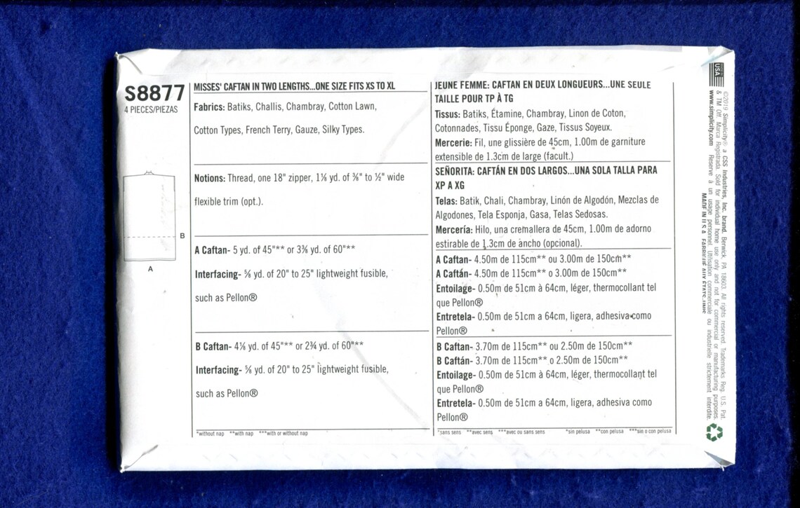 Simplicity 8877 Classic Hostess Caftan Pattern Fits Size XS to XL UNCUT ...