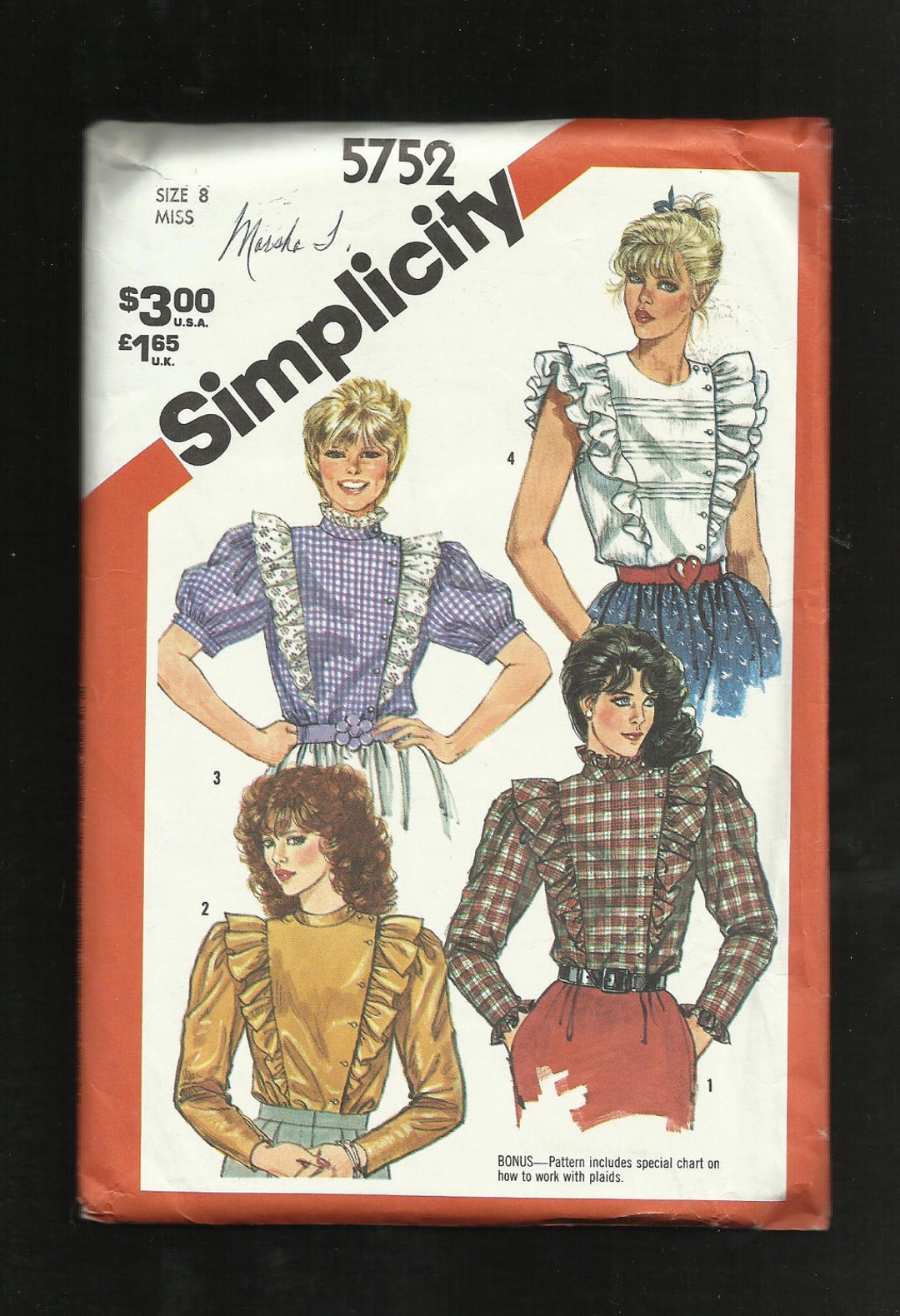 1980's Simplicity 5752 Ruffled Blouses With Side Front Buttons Puffy ...