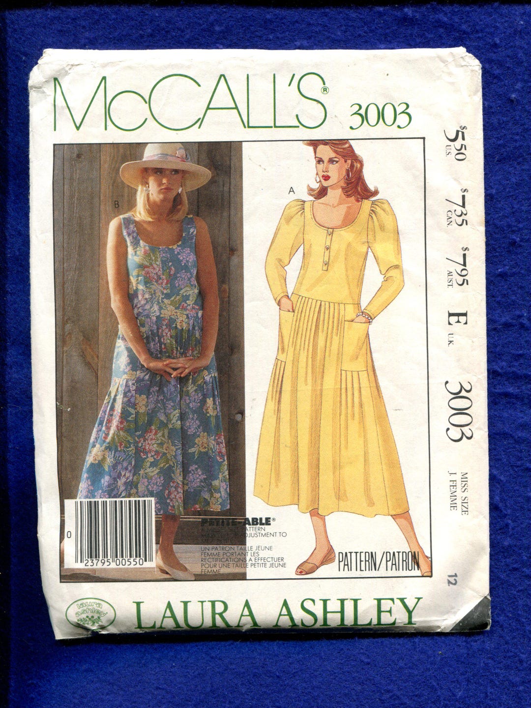 1980's Mccall's 3003 Designer Laura Ashley Drop Waist Dresses Pattern ...