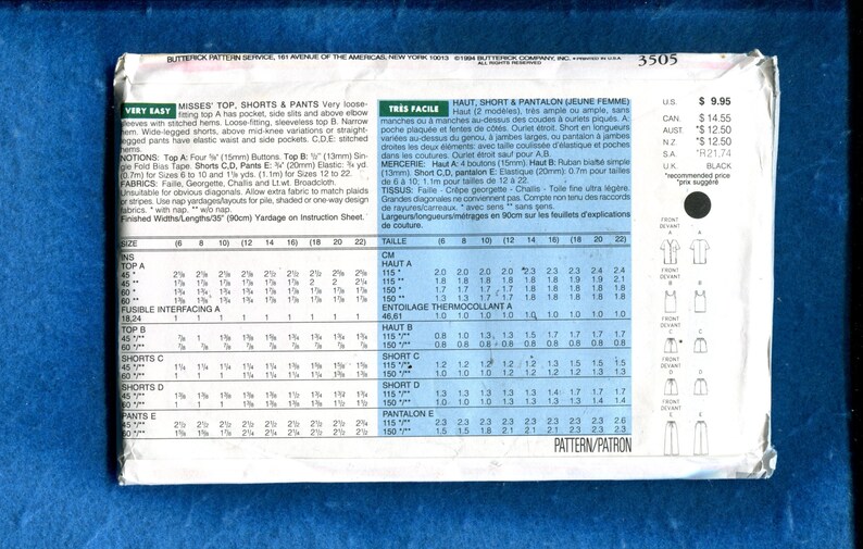 Butterick 3505 Easy Fitting Beach Resort Wear Pattern Size 18..20..22 ...