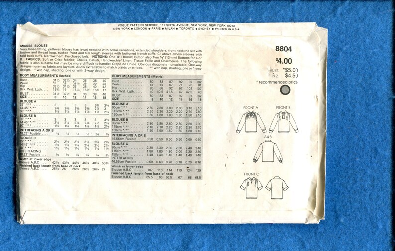 1980's Vogue 8804 Retro Blouses Pattern Size 12 UNCUT - Etsy