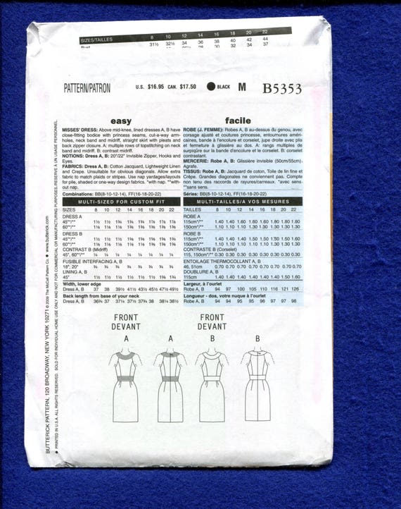 Butterick 5353 Fitted Razor Back Cocktail Dress Size 8..10..12..14 ...