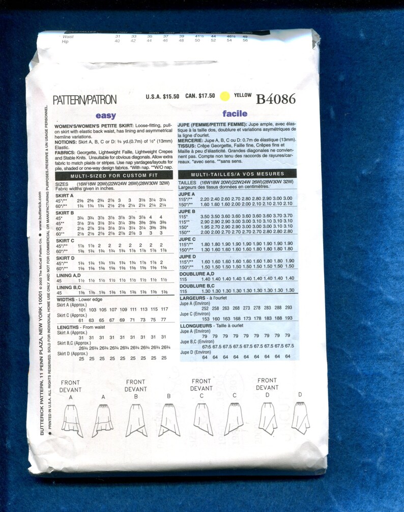 Butterick 4086 High Low Hemline Easy Fitting Skirts Pattern - Etsy