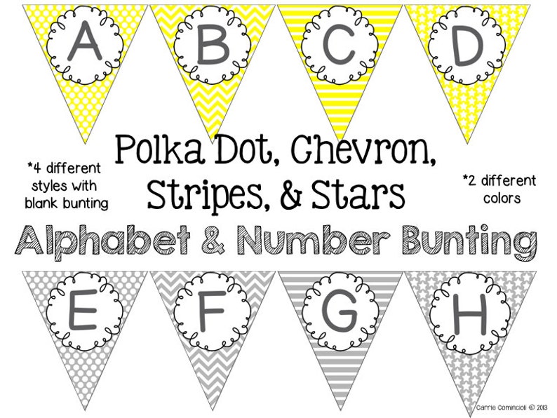 Alphabet and Number Bunting in Yellow and Gray With Polka Dots, Stripes ...