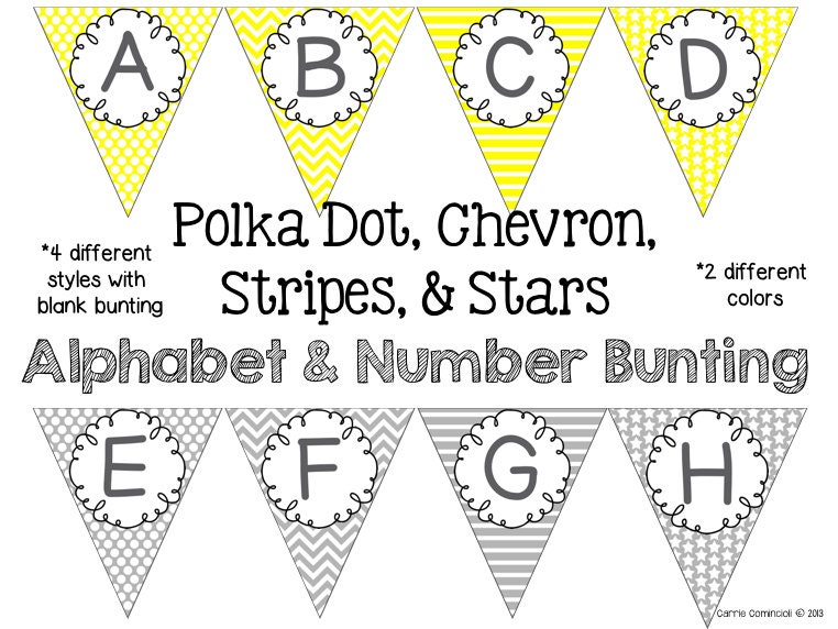 Alphabet and Number Bunting in Yellow and Gray With Polka Dots, Stripes ...
