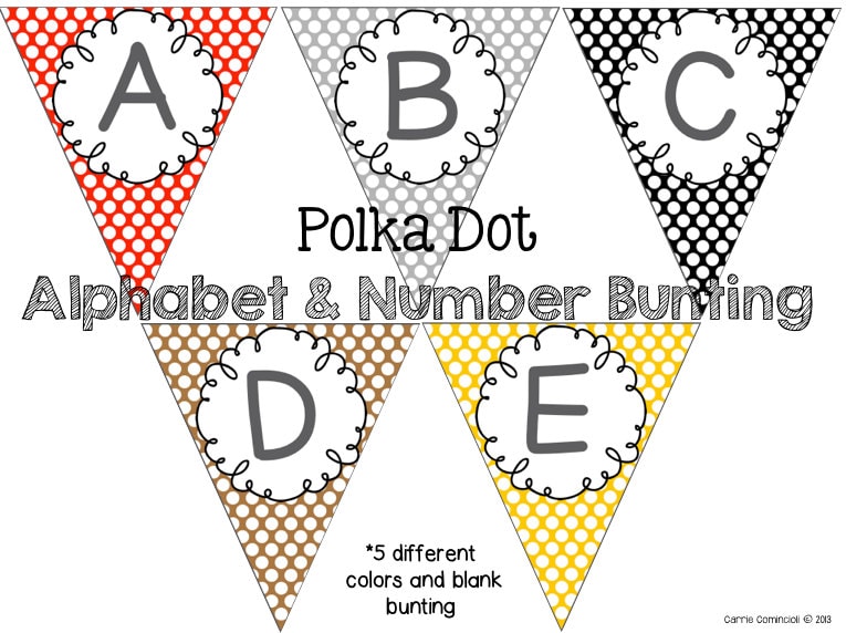 Alphabet and Number Bunting in Red, Gray, Black, Brown, and Gold Polka ...