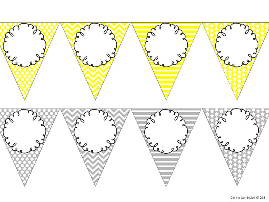 Alphabet and Number Bunting in Yellow and Gray With Polka Dots, Stripes ...