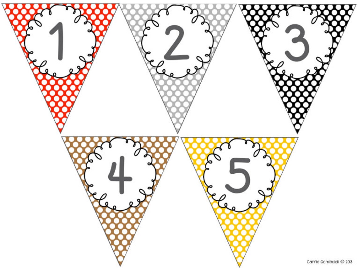 Alphabet and Number Bunting in Red, Gray, Black, Brown, and Gold Polka ...