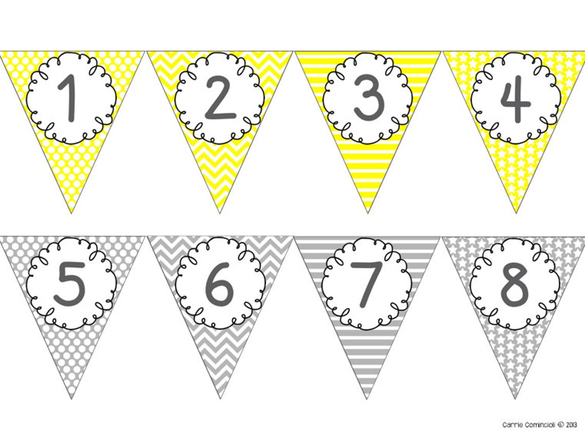 Alphabet and Number Bunting in Yellow and Gray With Polka Dots, Stripes ...