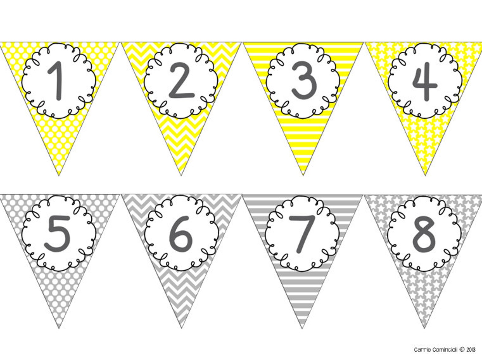 Alphabet and Number Bunting in Yellow and Gray With Polka Dots, Stripes ...