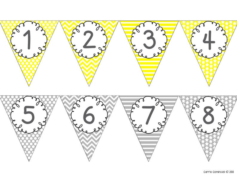 Alphabet and Number Bunting in Yellow and Gray With Polka Dots, Stripes ...