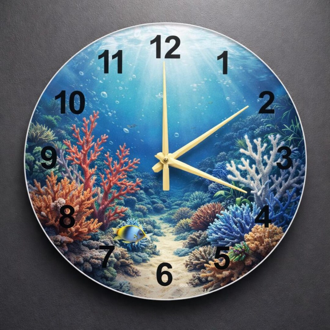 Ocean Coral Reef Line Art Glass Wall Clock, Coastal Underwater Decor ...