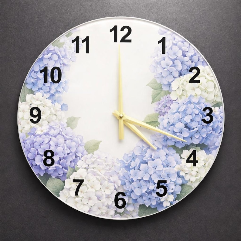 Hydrangea Cluster Glass Clock – Minimal Floral Art for Bedroom or ...