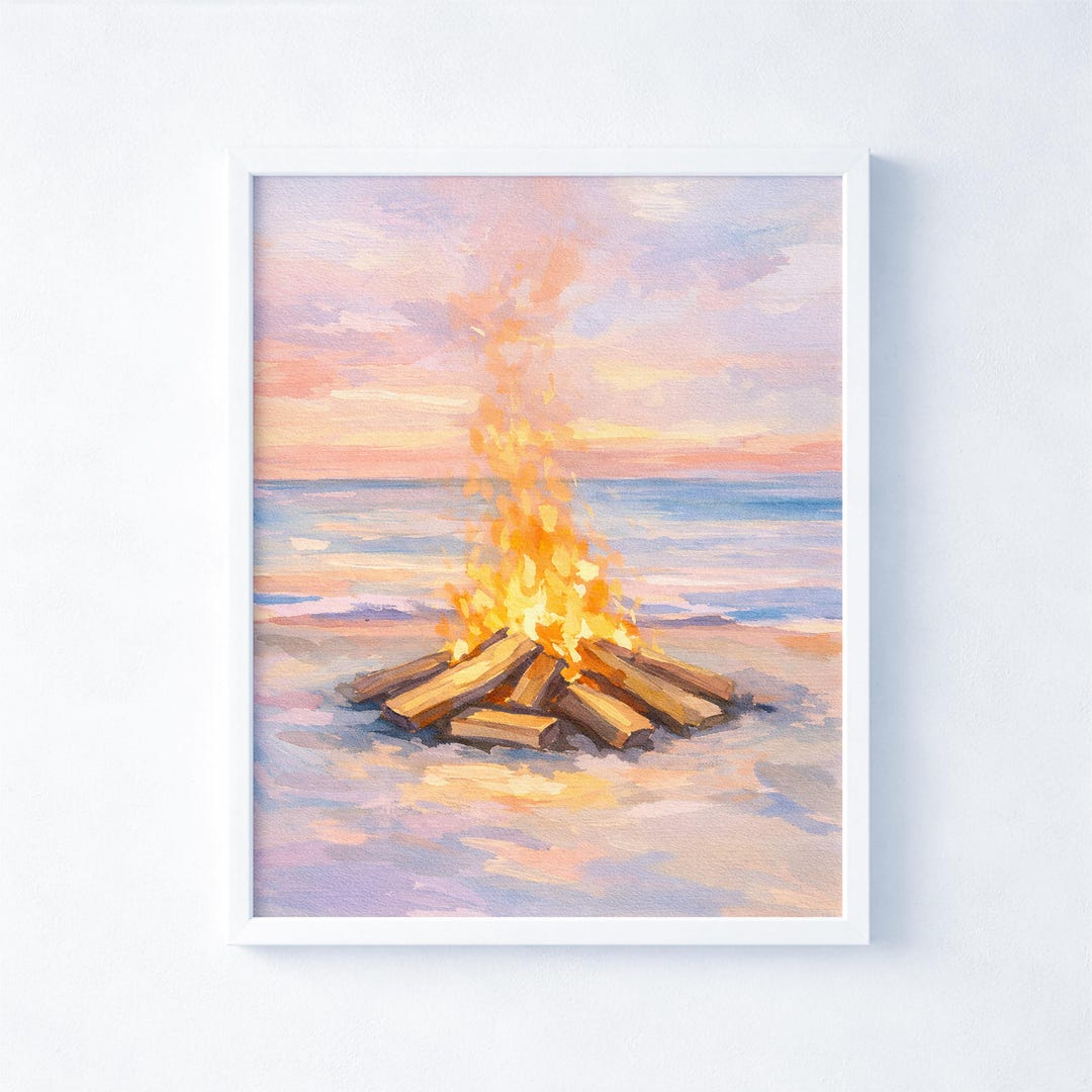 Beach Bonfire Sunset Painting, Coastal Firelight Wall Art, Ocean ...