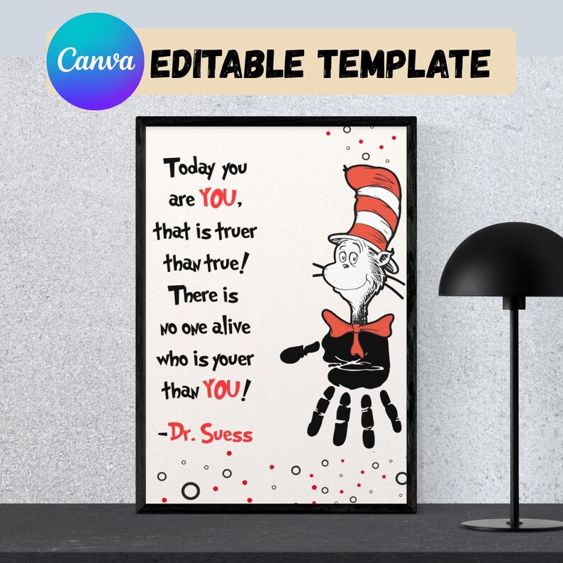 2 IN 1 Editbale Canva Cat in the Hat Handprint Art Digital File, Dr ...
