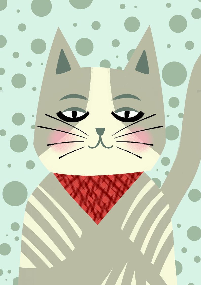 PRINTABLE Cat Art With Bubble Pattern Print, Pale Green Background ...