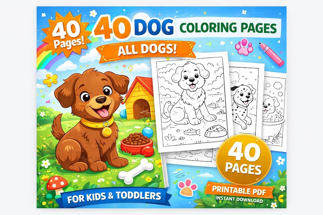 Dog Coloring Book for Kids Printable PDF, 40 Cute Puppy Dog Coloring ...