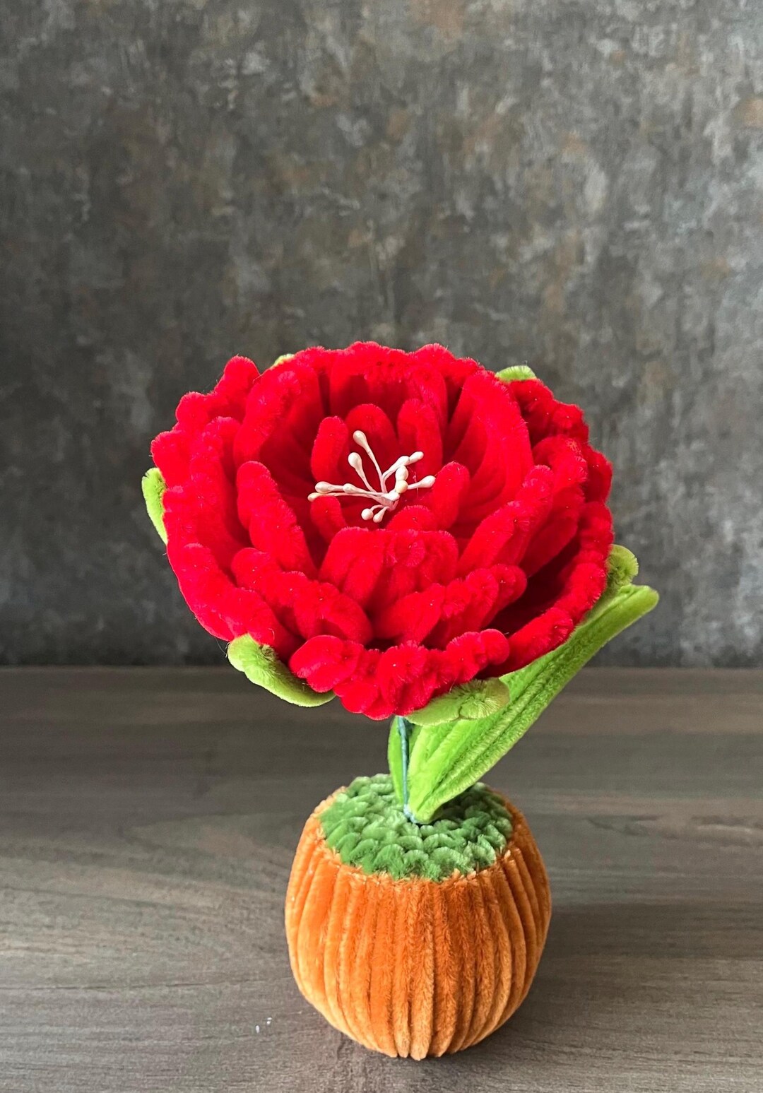 Handmade Red Chenille Flower in Pot – Everlasting Floral Desk Decor ...