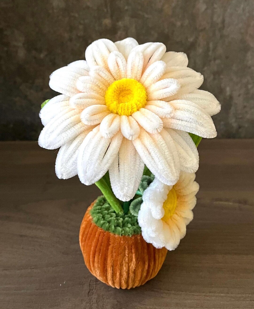 Handmade White Chenille Daisy Flower in Pot – Everlasting Floral Desk ...