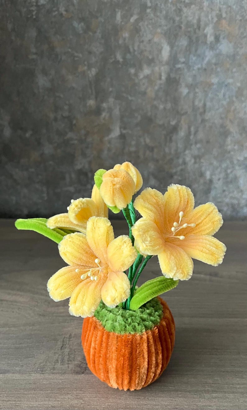 Handmade Golden Yellow Chenille Flower in Pot – Everlasting Floral Desk ...