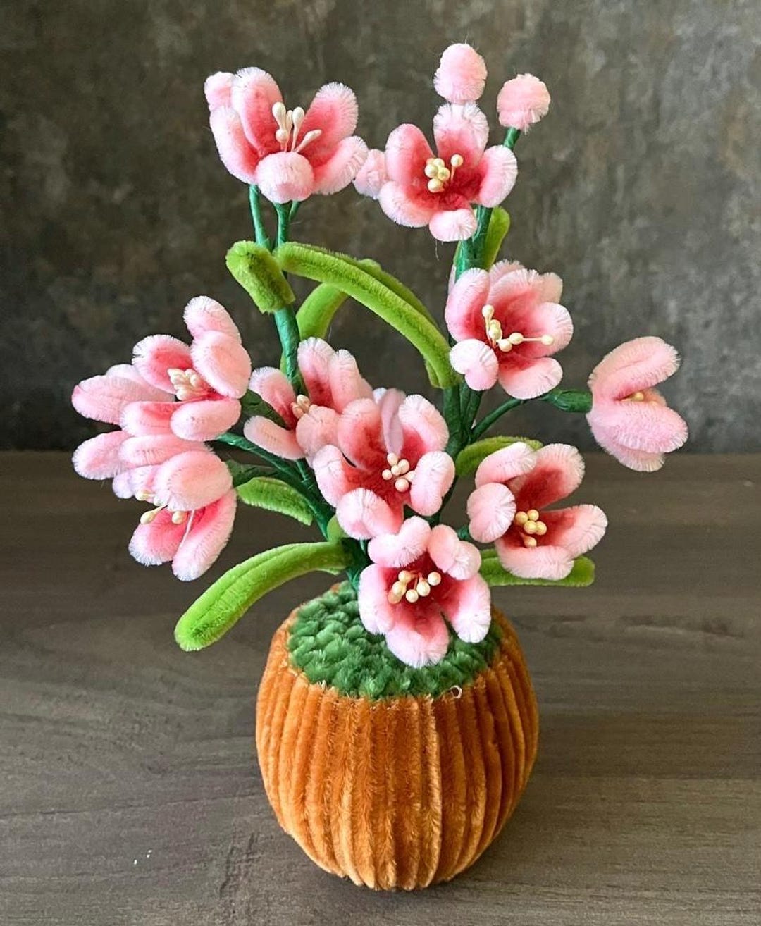Handmade Chenille Flower in Pot – Pink Everlasting Floral Desk Decor ...