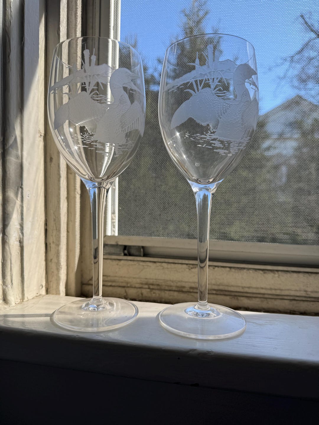 Coyle Wine Glasses - Wildlife Heron and Cattail Vintage 1980s (2) - Etsy