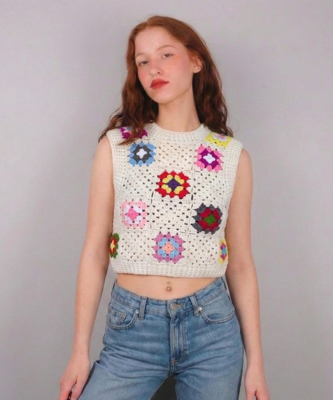 White Granny Square Crochet Crop Top, Colorful Handmade Boho Sleeveless ...