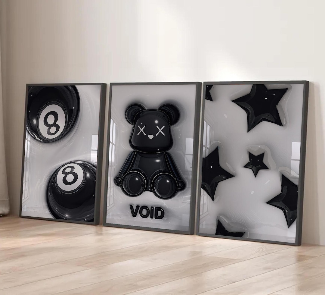 Hypebeast Poster Set 3 - 8 Ball, Void Bear, Star Prints, Black ...