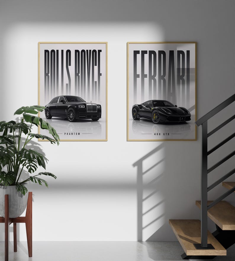 Luxury Car Poster Set, Black Supercar Wall Art, Minimal Automotive ...