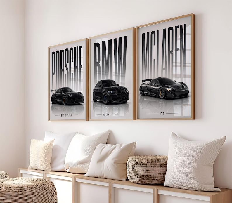 Luxury Car Poster Set, Black Supercar Wall Art, Minimal Automotive ...