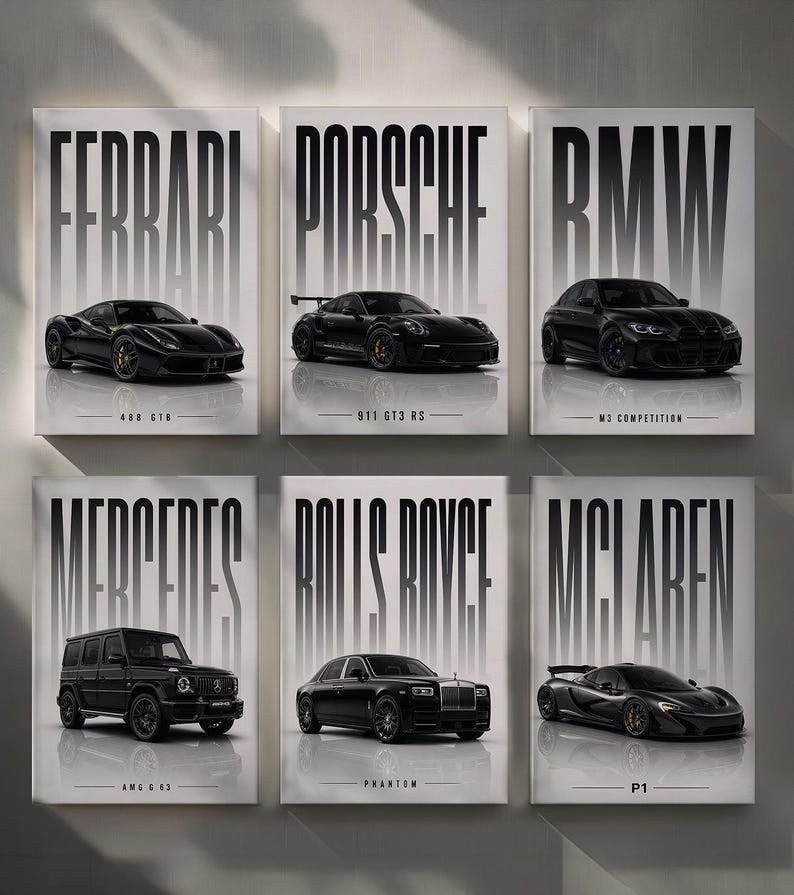 Luxury Car Poster Set, Black Supercar Wall Art, Minimal Automotive ...