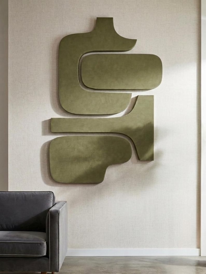 3D Organic Wall Sculpture, Textured Olive Green Abstract Panel, Modern ...
