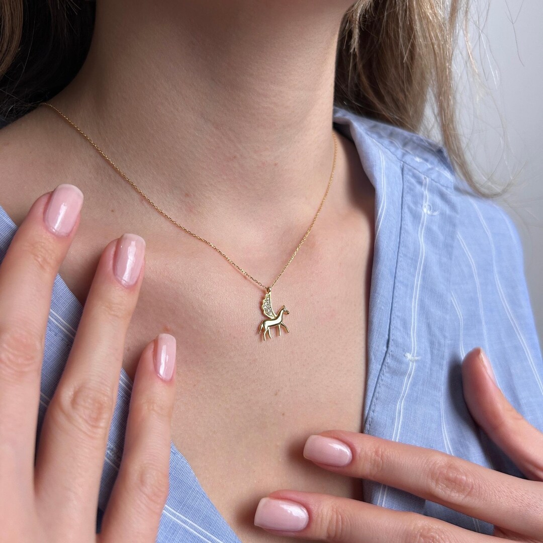 14K Gold Pegasus Necklace, Winged Horse Pendant, Mythical Crystal Charm ...
