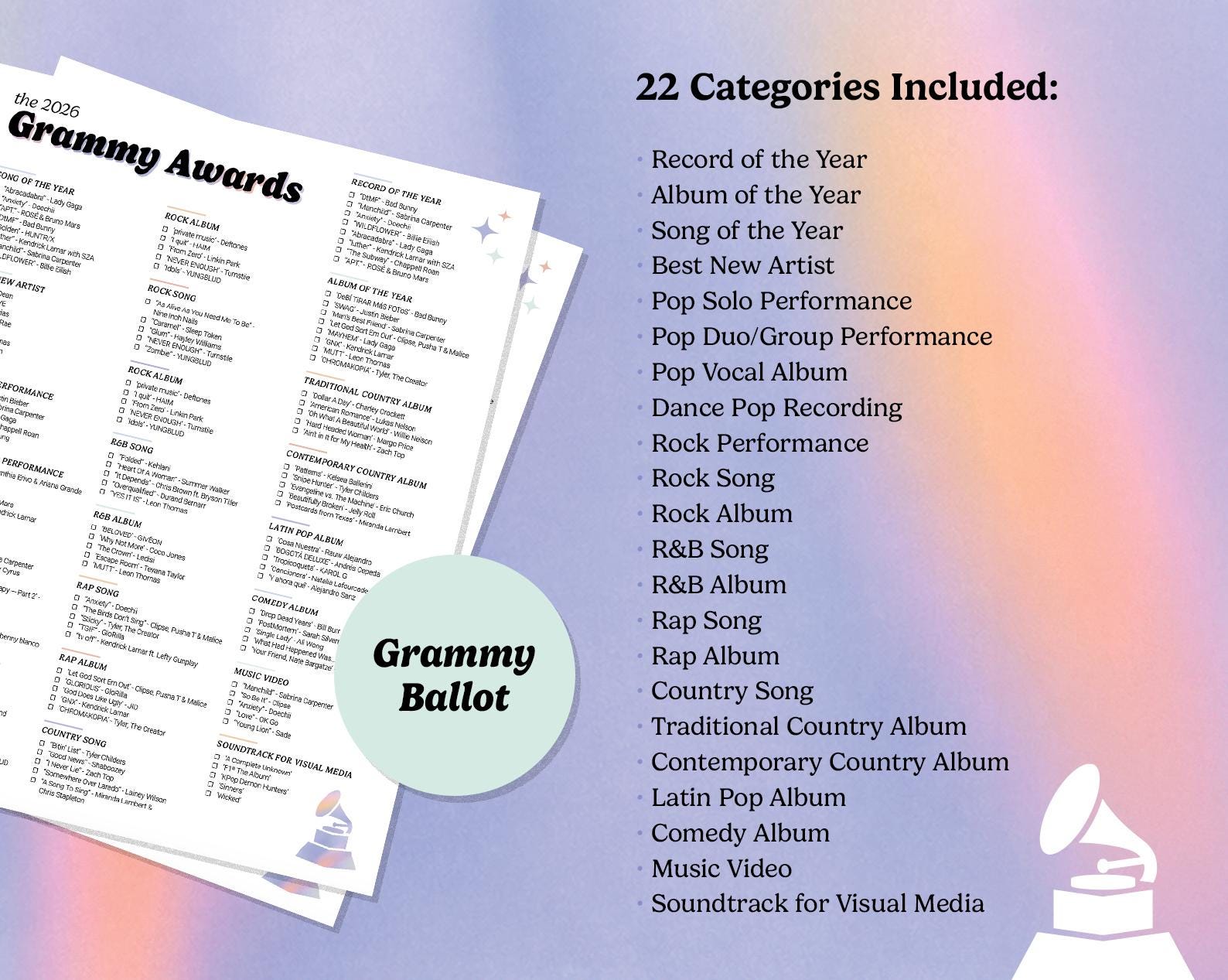 2026 Grammy Awards Ballot | Printable Instant Download - Etsy