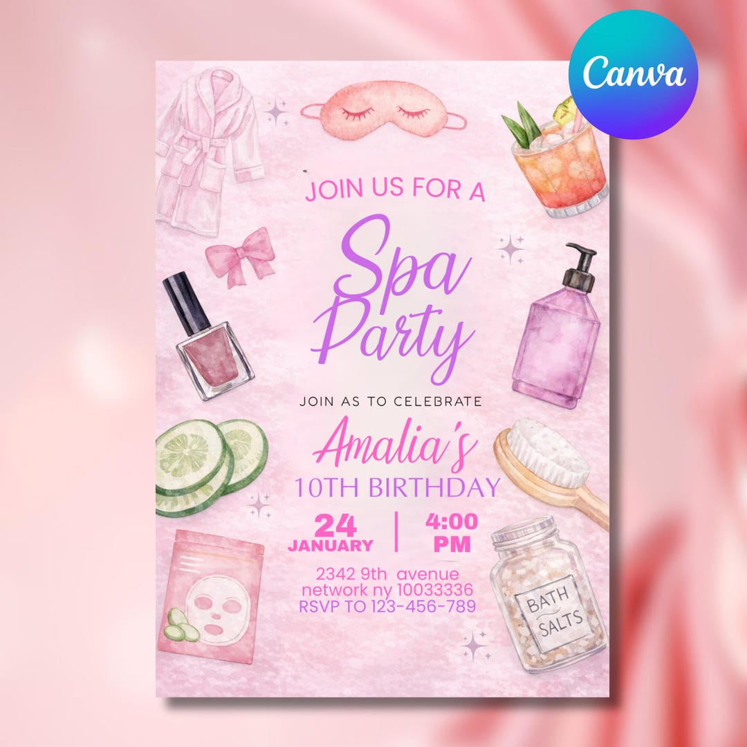 Girls Spa Party Invitation, Pink Spa Birthday Invite, Pamper Party Pink ...