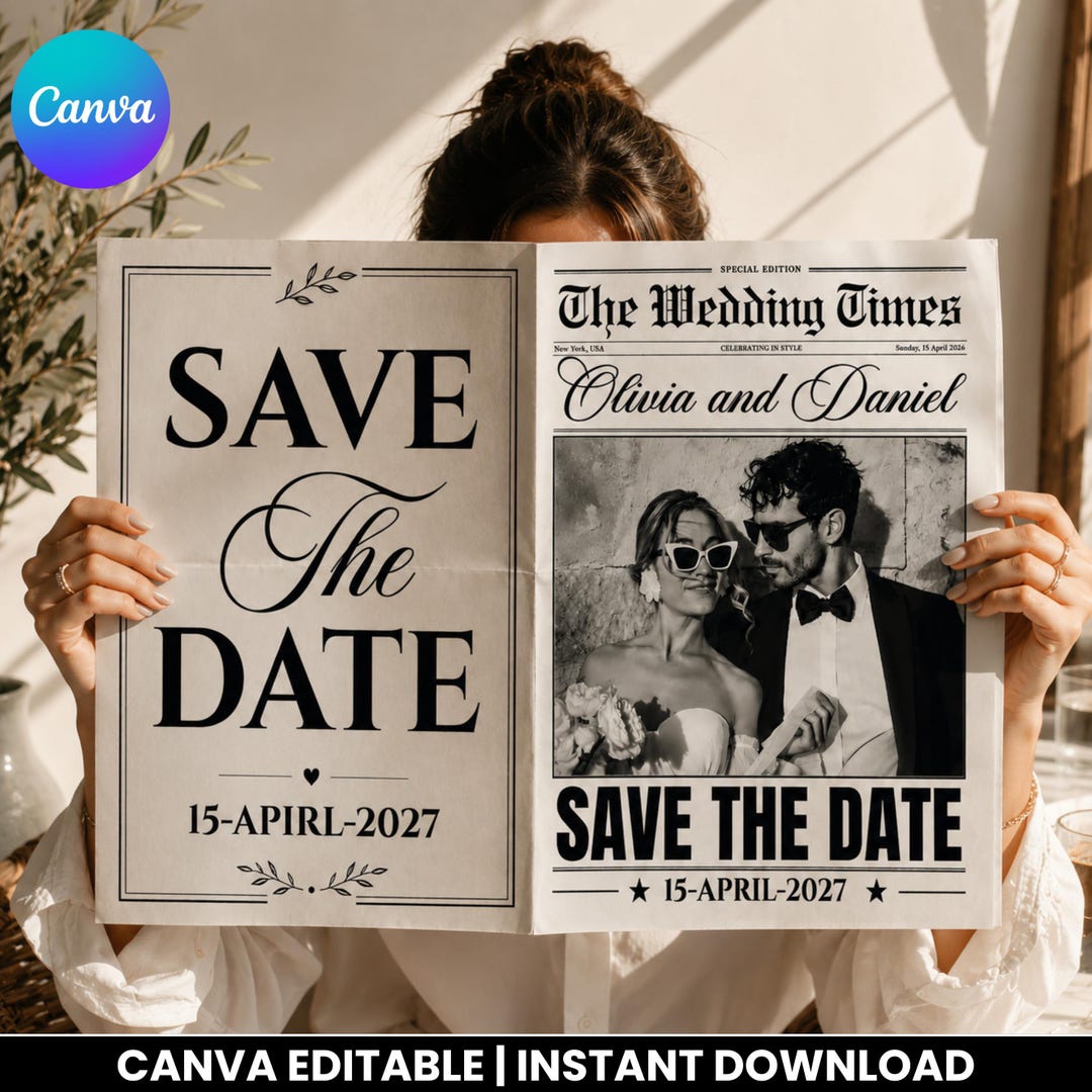 Save the Date Newspaper Template, Wedding Save the Date Canva Template ...