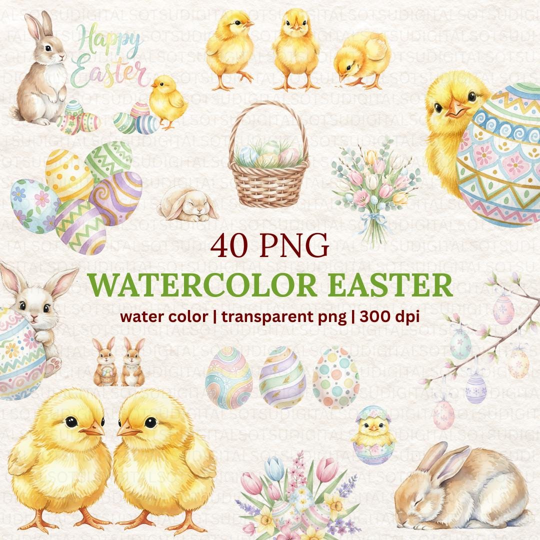 Watercolor Easter Clipart Bundle | 40 PNG | Chicks, Easter Eggs ...
