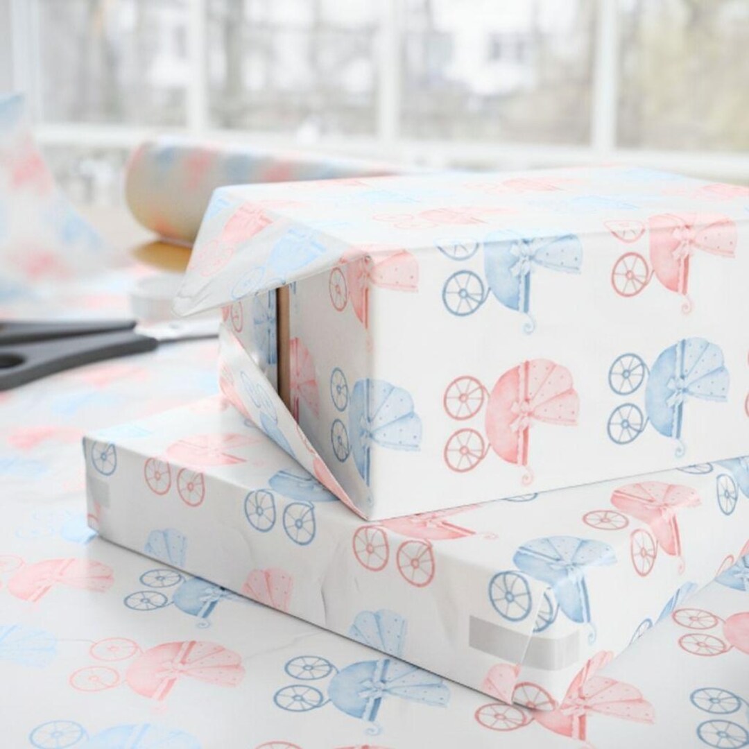 Vintage Style Baby Buggy Wrapping Paper Blush Blue Pink Newborn Gift ...