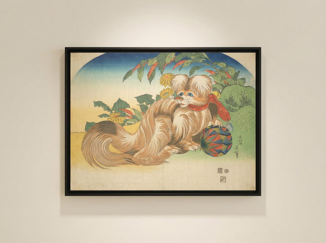 Hiroshige Ukiyo-e Canvas: "japanese Chin Temari Ball Lovely Puppy Dog ...