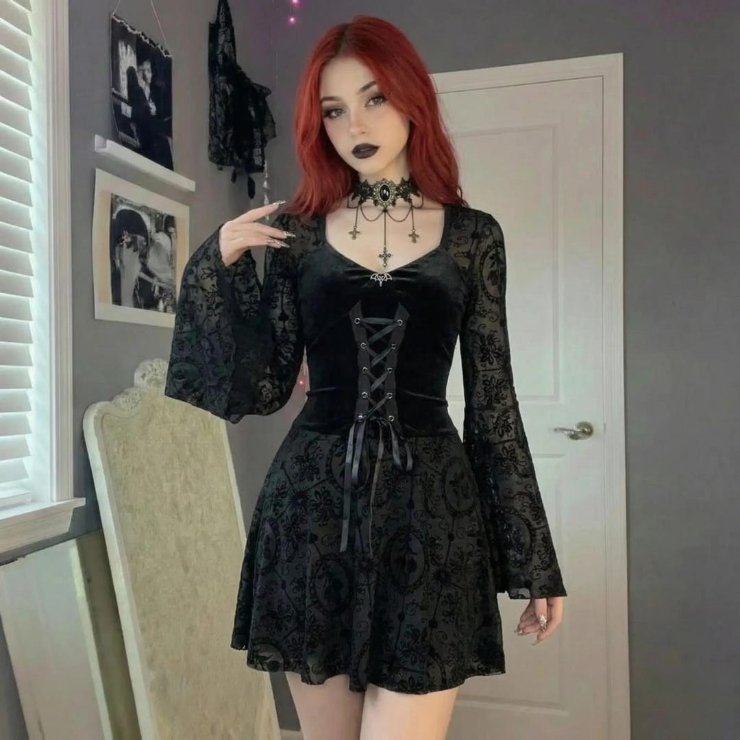 Gothic Lace Mini Dress: Bell Sleeve, Velvet Bodice, Floral Brocade ...