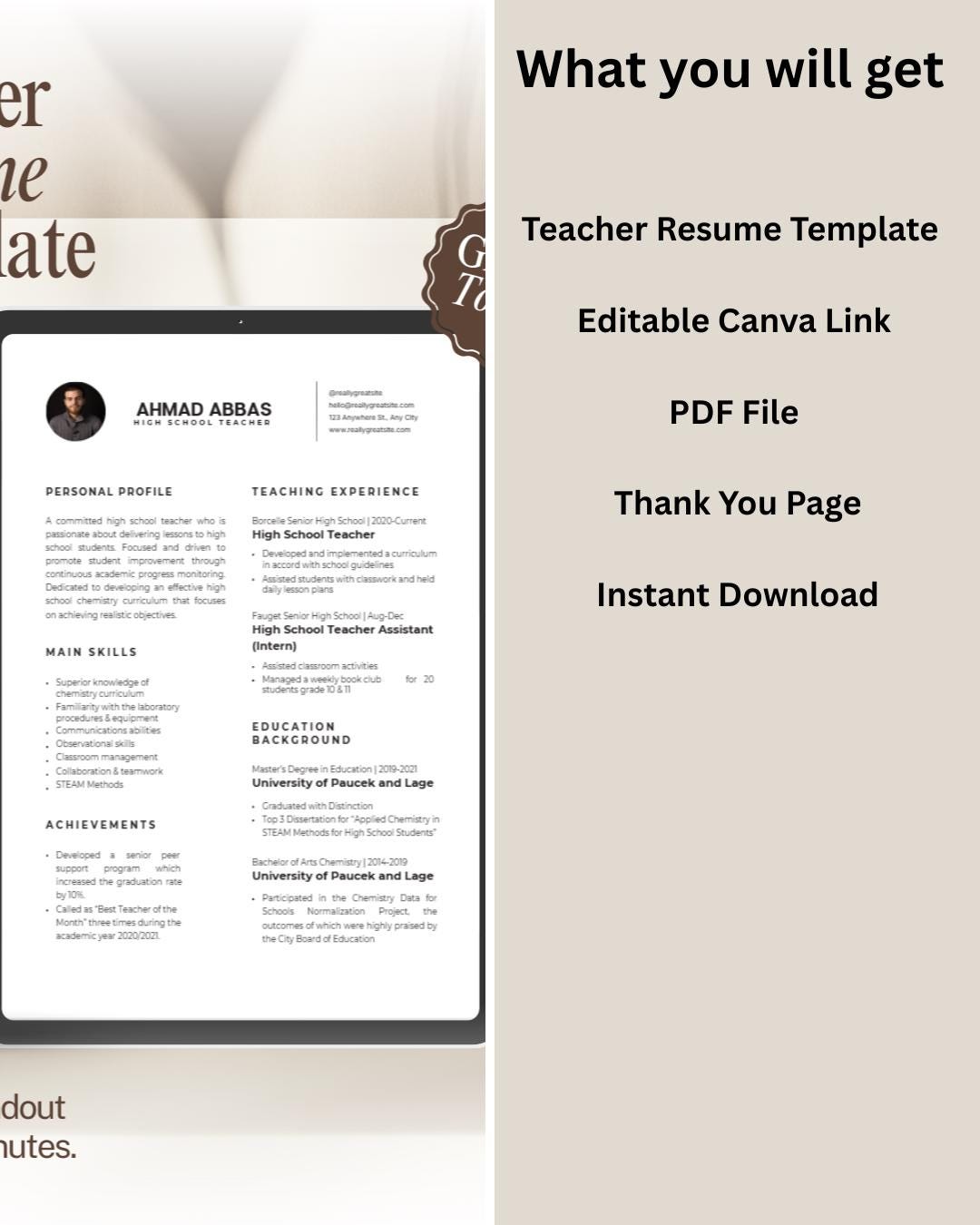 Teacher Resume Template | Editable Canva CV | Professional Teaching ...