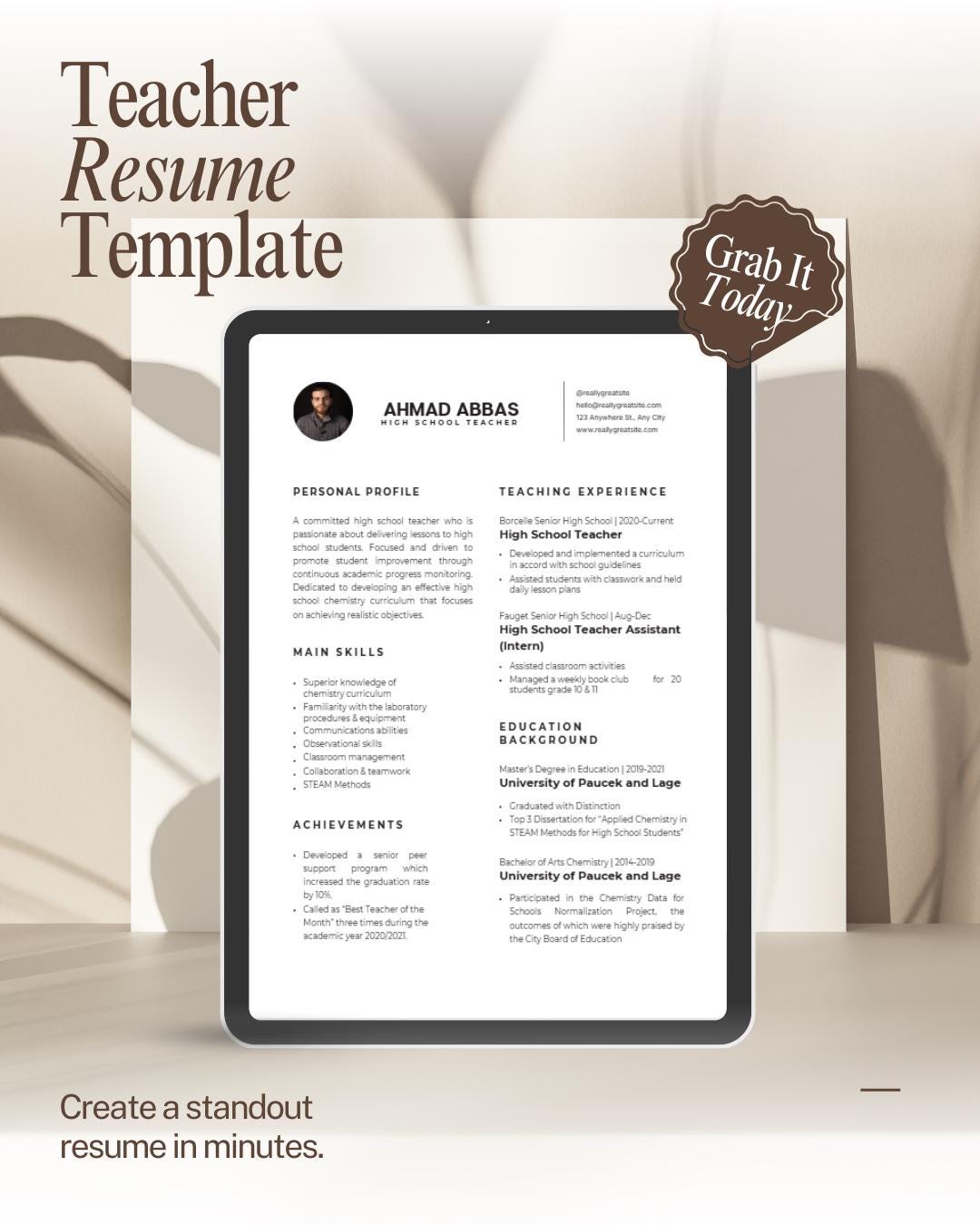 Teacher Resume Template | Editable Canva CV | Professional Teaching ...
